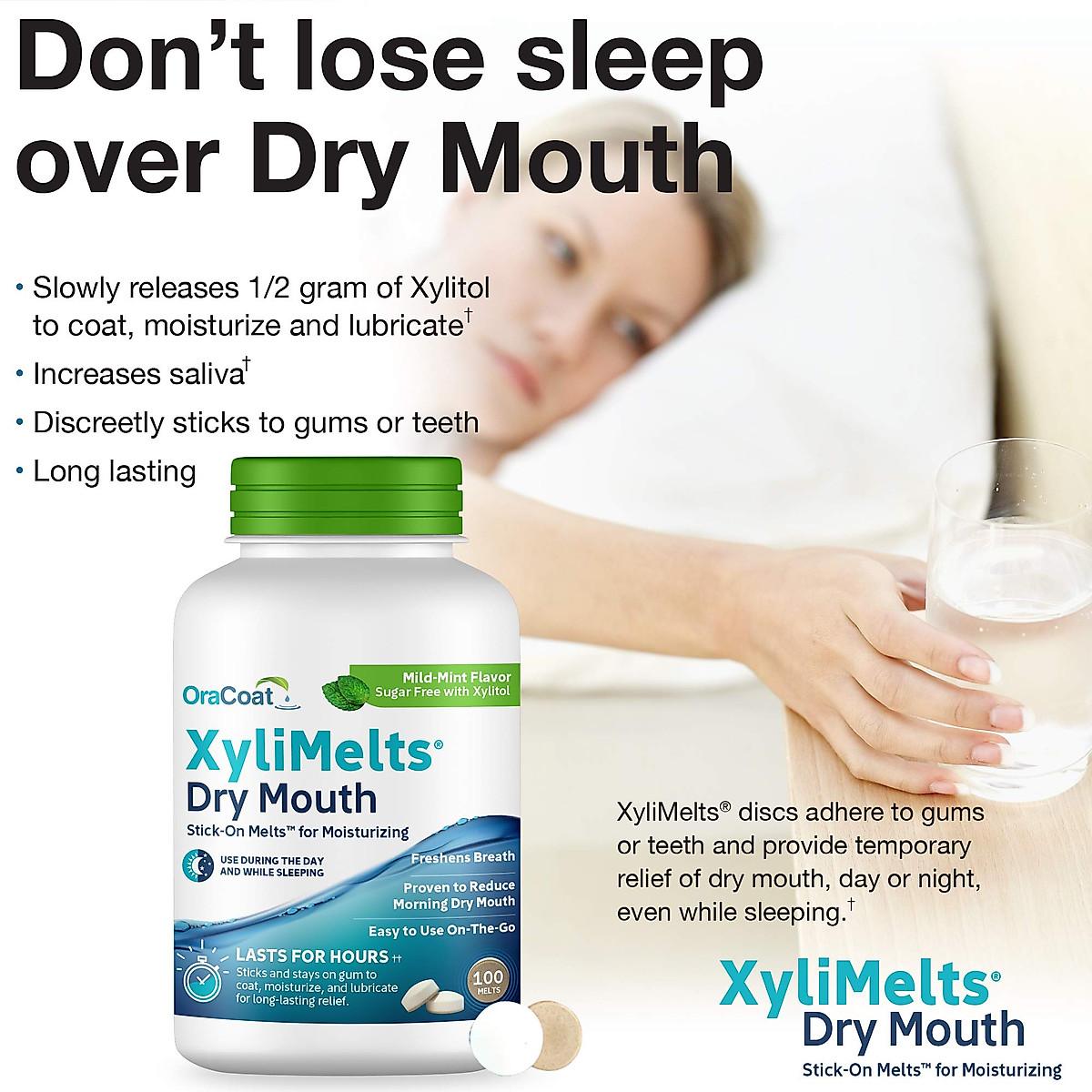 OraCoat XyliMelts Dry Mouth Relief Moisturizing Stick-On-Melts with Xylitol, 100 Count, Mild Mint, Help Stimulates Saliva for Dry Mouth, Non-Acidic, Day & Night Use, Time Release for Up to 8-Hour
