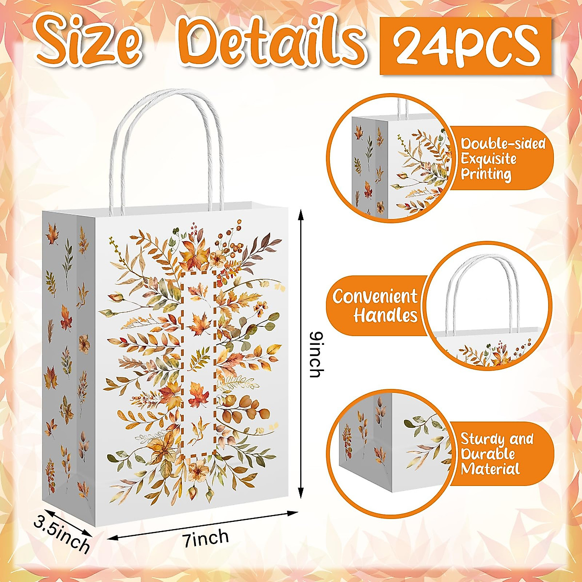 Kolldenn 24 Pcs Fall Gift Bags with Handles Thanksgiving Paper Bags Maple Leaves Wildflower Floral Seasonal Autumn Bulk Goodie Bags for Wedding Birthday Party Favor Supplies