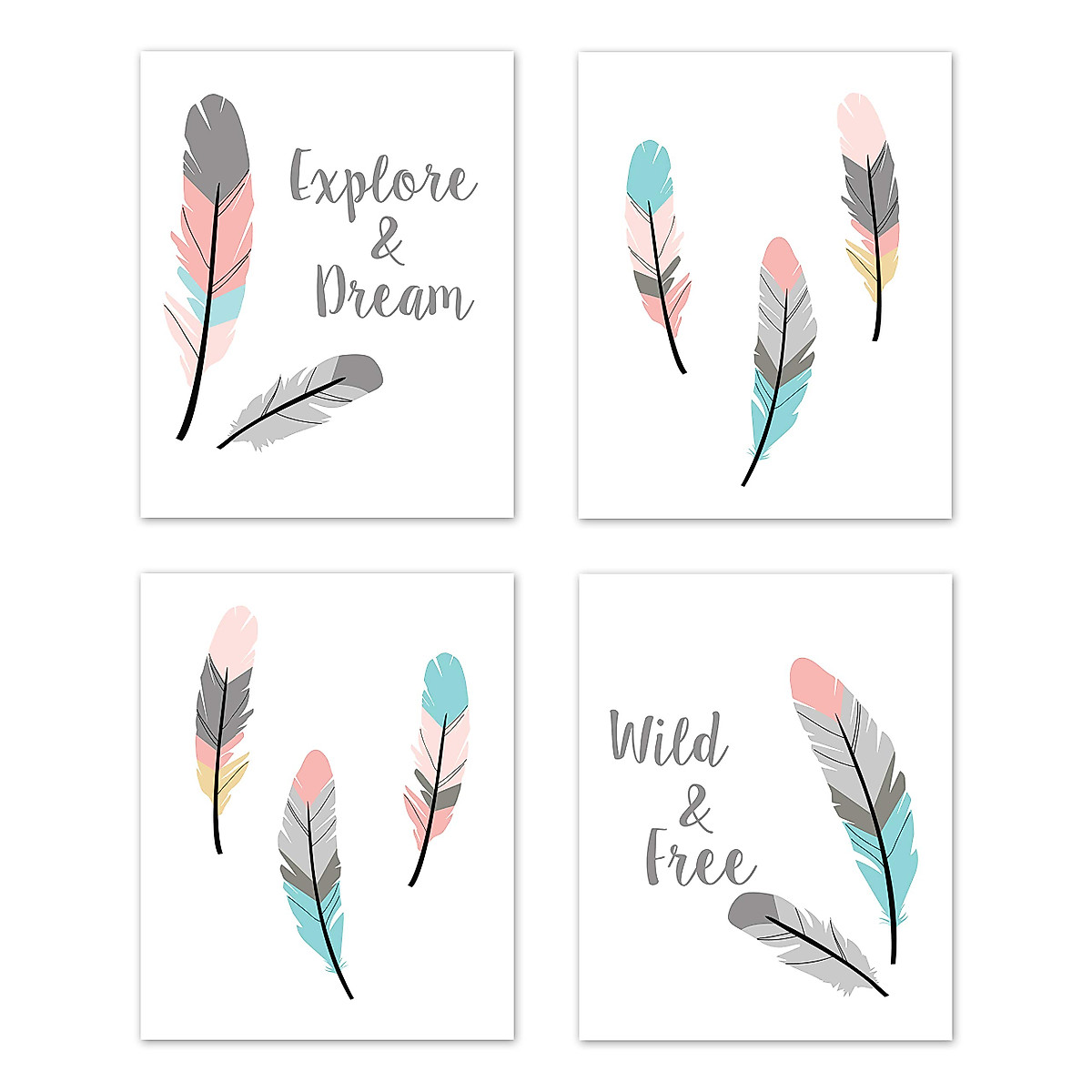 Sweet Jojo Designs Turquoise and Coral Boho Wall Art Prints Room Decor for Baby, Nursery, and Kids for Feather Collection - Set of 4 - Explore & Dream, Wild & Free