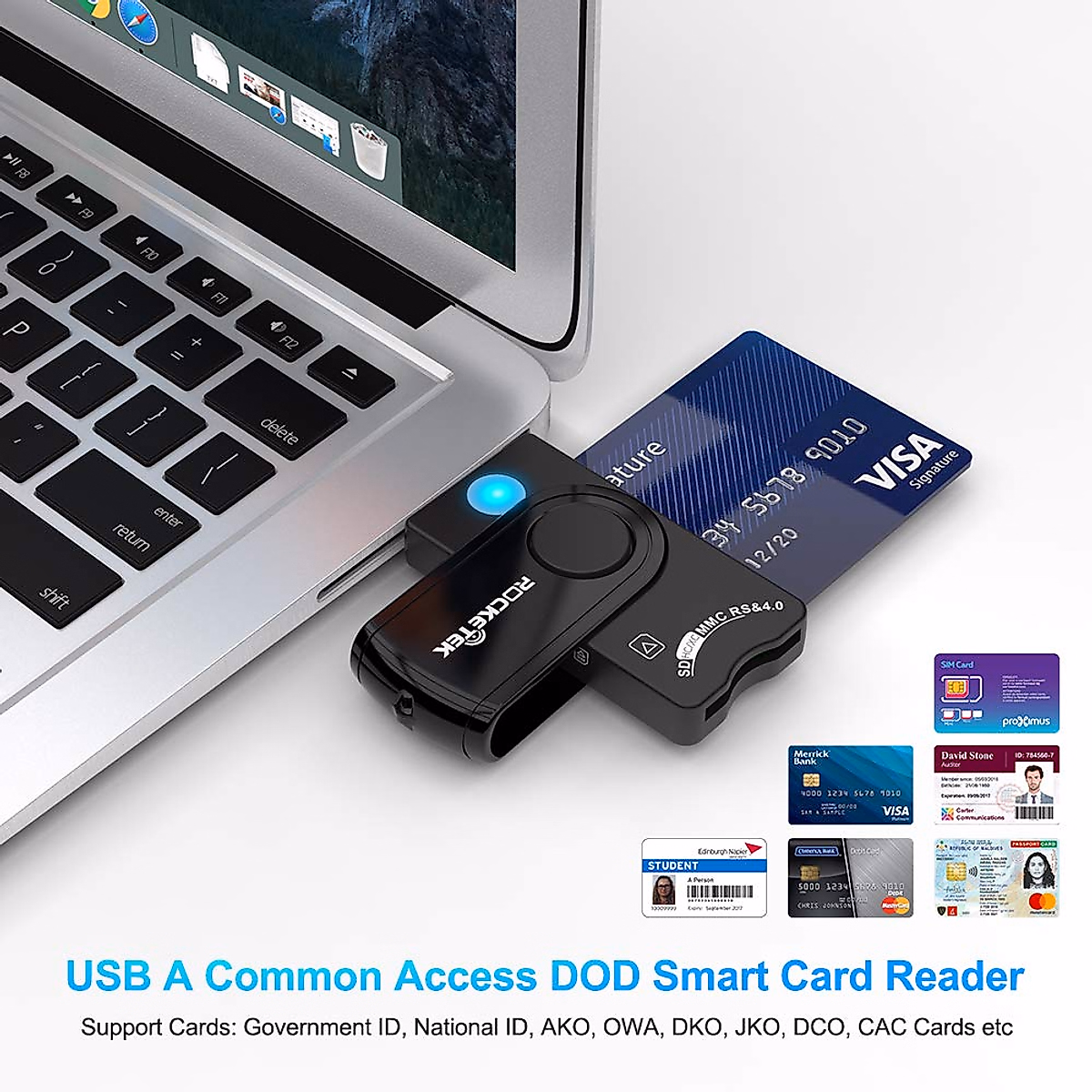Smart Card Reader, 4 in 1 USB SIM Card Adapter, Identiv Credit ID CAC Card Reader Military, Common Access Card Reader, SIM/MMC/RS&4.0/SDHC/SDXC/SD/TF/Micro SD Card for Windows, Linux/Unix, MacOS X