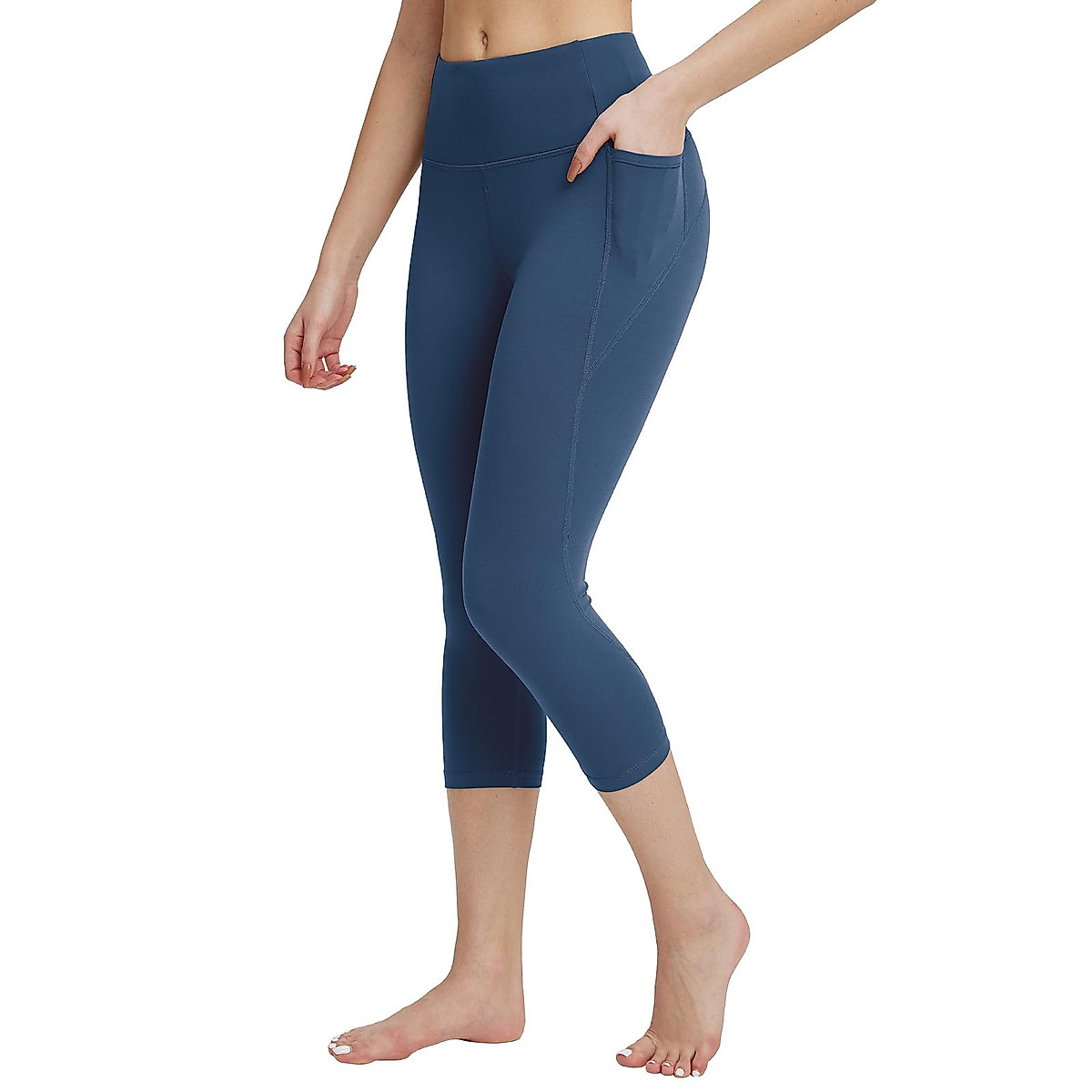 BALEAF Women's Capri Leggings with Pockets Yoga Plus Size High Waisted Workout Running Gym Casual Pants Denim Blue M