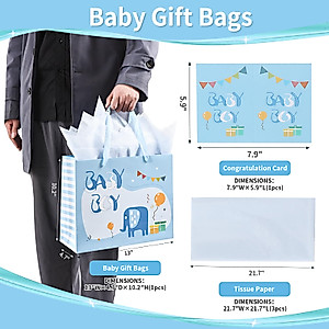 Powbrace Baby Boy Gift Bag with Tissue Paper and Greeting Card for Birthday,Party,Baby Gift Bag,13" Gift Bags Medium size(1-PCS Blue Animals, Happy Birthday)