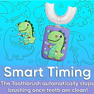 BubblezKidz – Kids Electric Toothbrush – U Shaped Dinosaur Cartoon – Ultra Sonic 6 brush Cleaning Modes w/ Smart Timer – Ages 2-18 Years Old – IPX7 Waterproof, Rechargeable, With Stickers (Dinosaur)