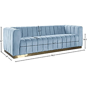 Meridian Furniture Marlon Collection Modern | Contemporary Velvet Upholstered Sofa with Deep Channel Tufting, Stainless Steel Base in a Brushed Gold Finish, 86.5" W x 34" D x 28" H, Sky Blue