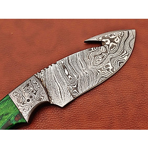 9.5" Hand Forged Damascus Steel Gut Hook Skinning Knife, Green Wood Scale with Damascus Bolster, Full Tang Blade Twist Pattern Drop Point Blade, Cow Hide Leather Sheath