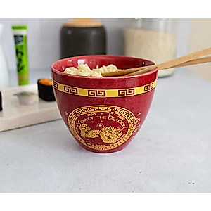 Boom Trendz Year Of The Dragon Chinese Zodiac Ceramic Set | Includes 16-Ounce Ramen Noodle Bowl and Wooden Chopsticks Asian Food Dish For Home & Kitchen Kawaii Lunar New Gifts, Red, One Size