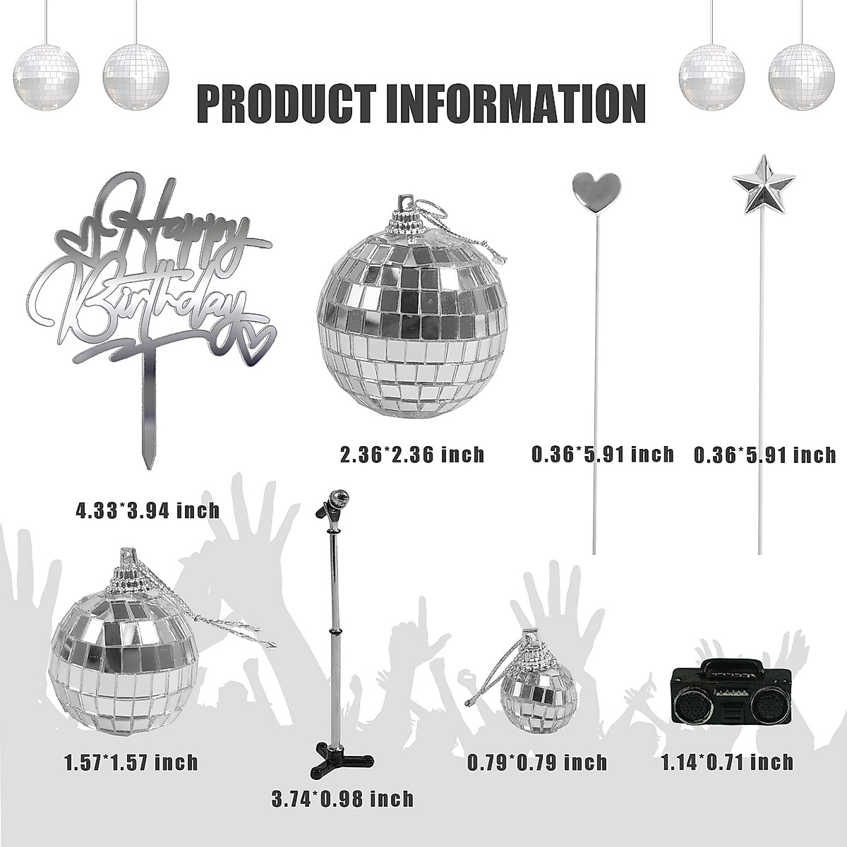 23PCS Disco Ball Cake Toppers 70's Disco Theme Cake Decoration Set with DJ Bling Silver Mirror Balls Centerpiece and Mini Microphone Radio Toy Decor for Women Men 1970s Dance Birthday Party Supplies