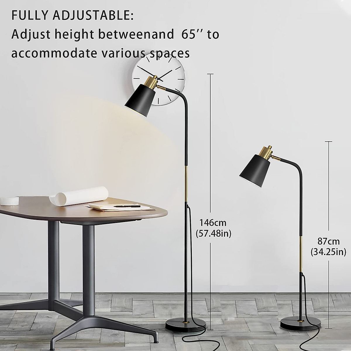 Floor Lamp, Industrial Floor Lamp Height Adjustable 360°Rotation Lampshade Modern Standing Lamp, Floor Lamps for Living Room, Office, Bedroom Reading, Work etc (Black)