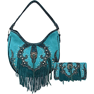Justin West Floral Embroidery Rhinestone Turquoise Concho Buckle Leather Fringe Shoulder Concealed Carry Handbag Purse Wallet (Turquoise Handbag and Wallet)