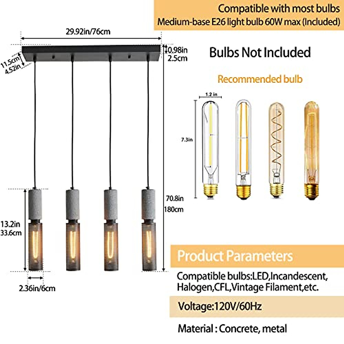 ADCTHOME 4-Light Concrete Linear Pendant Light with a Metal Mesh Shade,Modern Industrial Hanging Cement Pendant Lighting for Kitchen Island Bedroom Living Room Dining Room Light Fixture