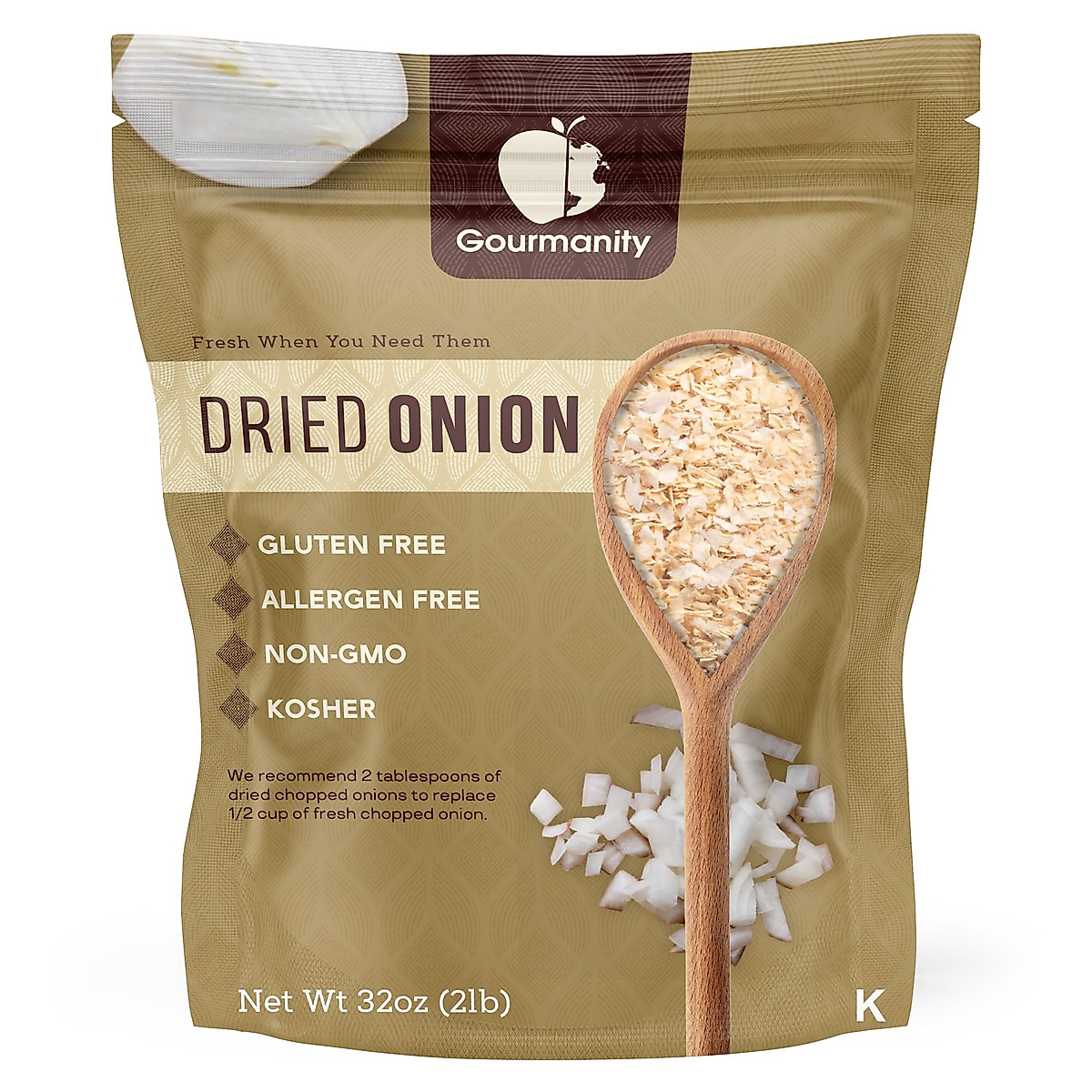 Gourmanity 2 lb Chopped Onions Resealable Bag, Minced Onion Flakes, Dehydrated Onions bulk minced, Chopped Onions Fresh Substitute, Yellow Onion, Dried Onions, Chopped Onion, Minced Onions Dried
