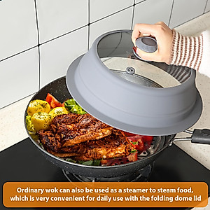 Vented Tempered Glass Lid Wok Lid for Stockpot Steamer Pot Pan, 10.5-11 inch Universal Multifunction Silicone Cover Collapsible Microwave Splatter Lid Cover Microwave Safe