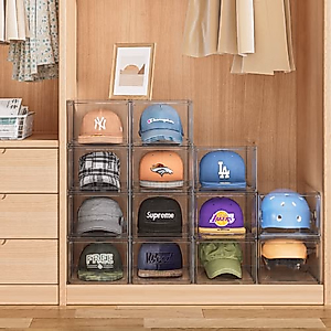 Hat Organizer Box for Baseball Caps, 3 Packs Baseball Cap Organizer, Hat Cap Acrylic Display Case, Clear Hat/Cap Storage Organizer for Closet, Baseball Hat Organizer, Stackable Cap Holder Organzier