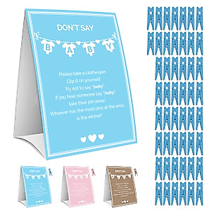 Party Hearty Baby Shower Games for Boy, Don't Say Baby Game,1 Sign and 50 Mini Blue Clothespins, Don't Say Baby Baby Shower Game, Baby Shower Ideas