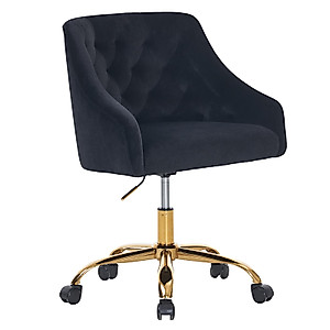 MOJAY Velvet Office Swivel Chair, Vanity Fabric Desk Pretty Fancy Gold Office Chairs for Girls, 360°Swivel Height Adjustable Reception Chair (Black)