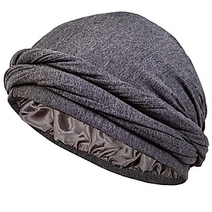 CAPLORD Silk Satin Lined Halo Turban Head Wrap Pre-Tied Skull Wave Cap for Men and Women Sleeping Bonnet Hair Cover Chemo Hair Loss Hat Head Cover Durag Dark Gray