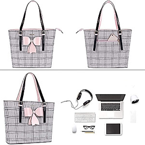 MOSISO Laptop Tote Bag Compatible with MacBook Pro 14 inch M4 M3 M2 M1,Compatible with MacBook Air/Pro,13-13.3 inch Notebook, PU Leather Large Capacity Work Bag Travel Handbag with Grid MO-GID002LTBR