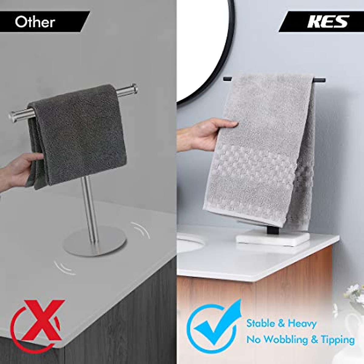 KES Towel Rack Stand, Hand Towel Holder with Marble Base Standing Towel Rack for Bathroom Countertop SUS304 Stainless Steel T-Shape Matte Black, BTH224-BK