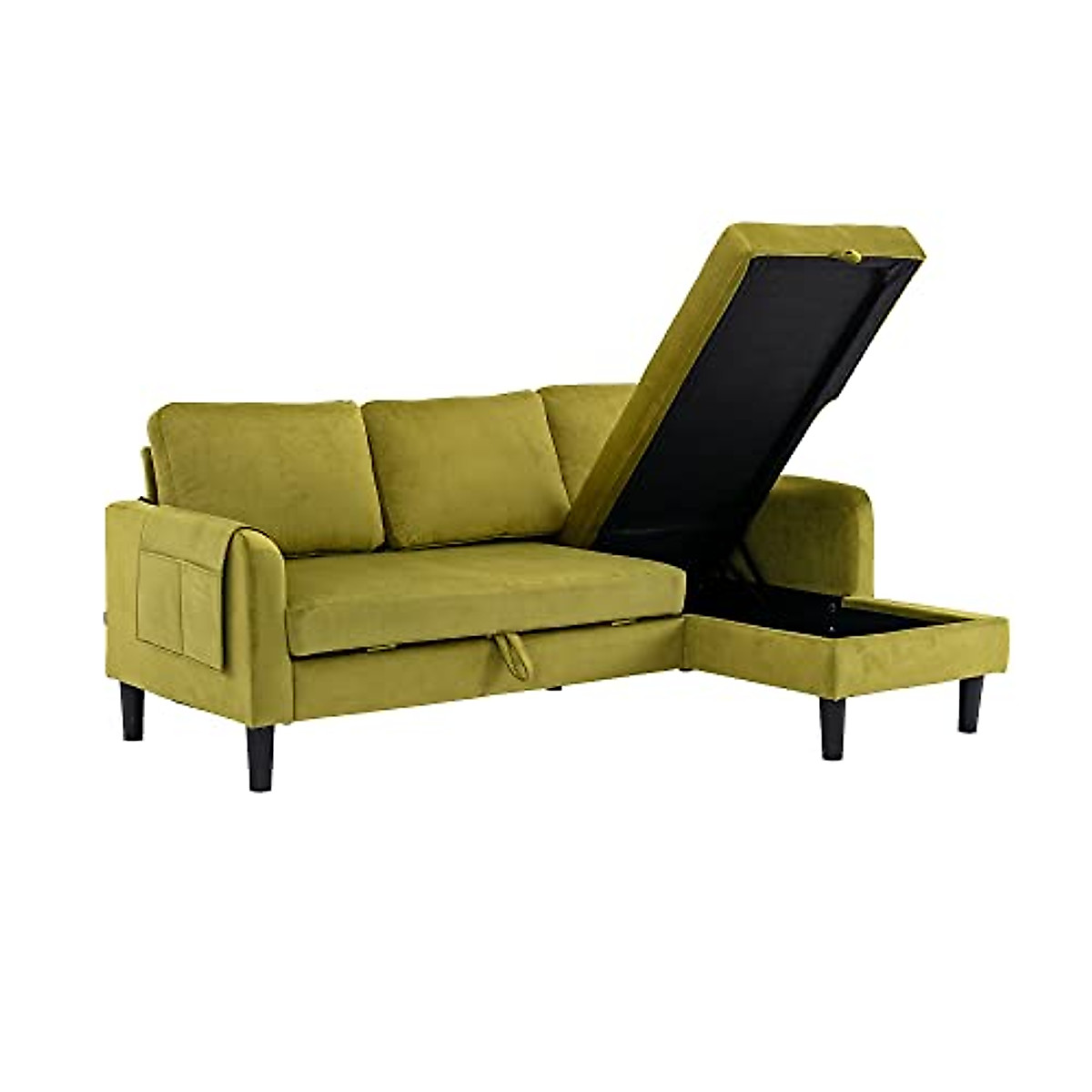 Verfur Convertible Sofa Sleeper Pull Out Bed, 3-Seater L-Shaped Couch with Storage Chaise and Side Pockets, Soft Upholstered Corner Sofa&Couches Sectional, Olive 72.44"