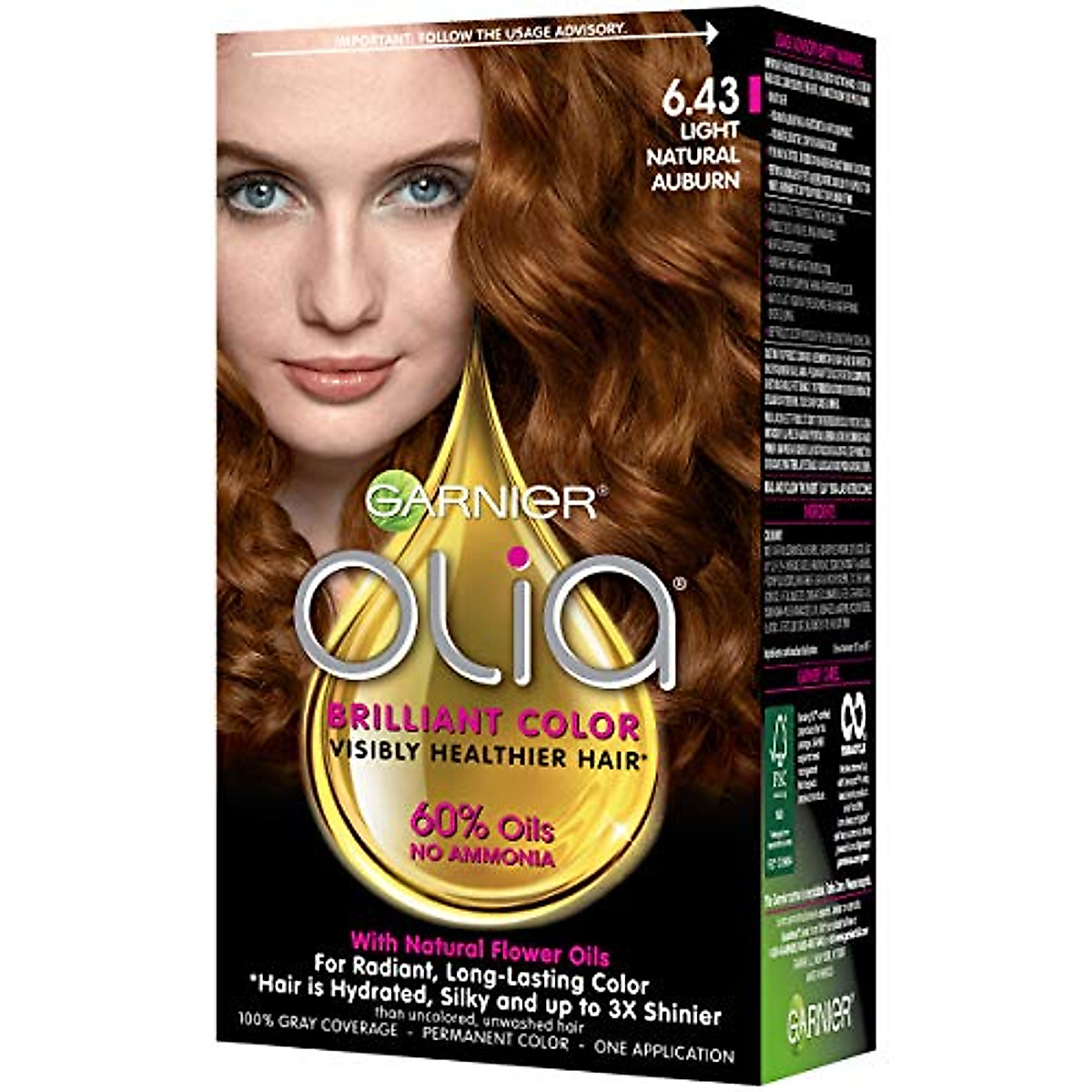 Garnier Olia Ammonia Free Permanent Hair Color, 100% Gray Coverage (Packaging May Vary), 6.43 Light Natural Auburn, Red Hair Dye, Pack of 1