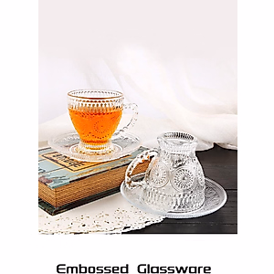 cosnou Vintage Glass Tea Cups with Saucers, Glass Mugs 7 Oz Set of 6 Espresso Coffee Embossed Glassware with Handle, for Cappuccino, Latte, Cereal, Yogurt, Beverage Hot/Cold, Milk…