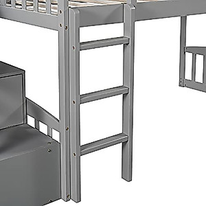 Twin Loft Bed with Slide, Wooden Low Loft Bed with Stairs and Storage for Kids Girls Boys Teens - Gray
