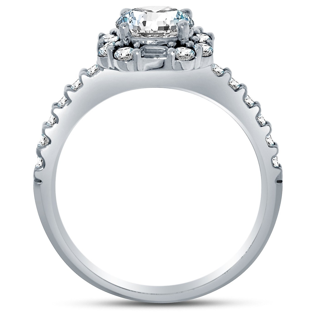Size 4 - Solid 14k White Gold CZ Cubic Zirconia Halo Bridal Engagement Ring w/Matching Wedding Band Two Ring Set - Round Brilliant Cut Solitaire with Baguette Side Stones (2.75cttw., 1.0ct. Center)