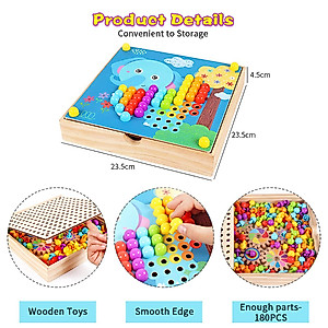 KUSARKO Wooden Peg Board Toys, 2 in 1 Color Matching Mosaic Pegboard, Button Art Toys for Toddlers, Early Learning Educational Toys for Boys & Girls (180 Pcs)