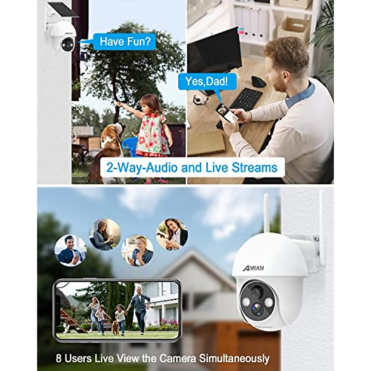 ANRAN 2K Security Camera Wireless Outdoor, Solar Outdoor Camera with 360° View, Smart Siren, Spotlights, Color Night Vision, PIR Human Detection, Pan Tilt Control, 2-Way Talk, Q01W 2 Packs