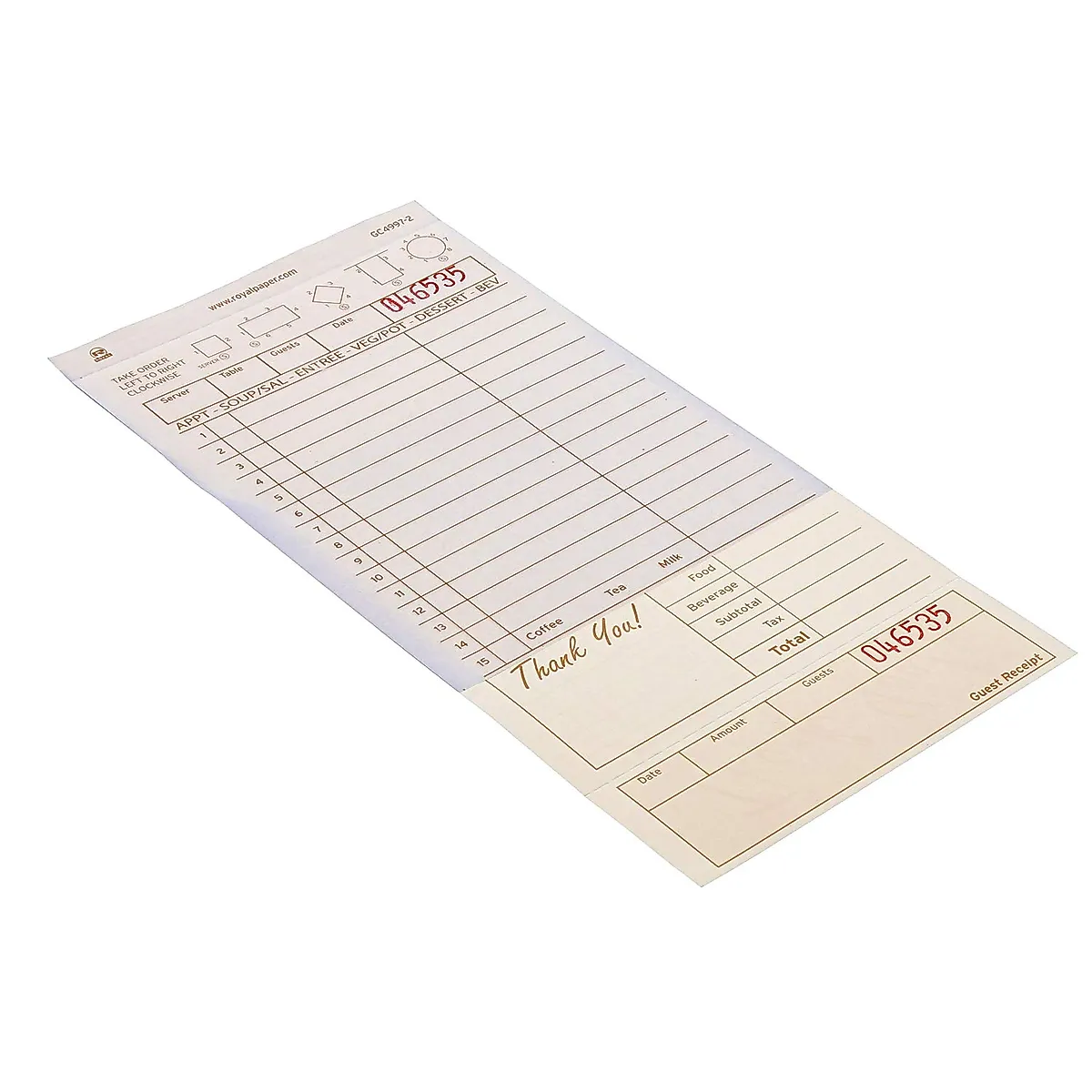 AmerCare Royal Tan Guest Check Paper Receipt Book, Carbonless Order Book with 15 Lines, 2 Part Loose, Pack of 250 Server Notepad Books
