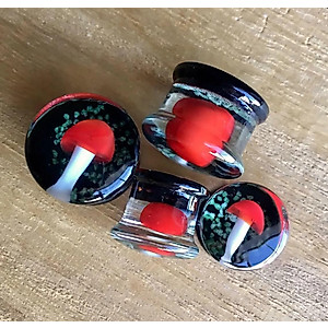 Lobal Domination PAIR of Floating Red Mushroom Pyrex Glass Double Flare Plugs with Glow in the Dark Background (8mm (0g))
