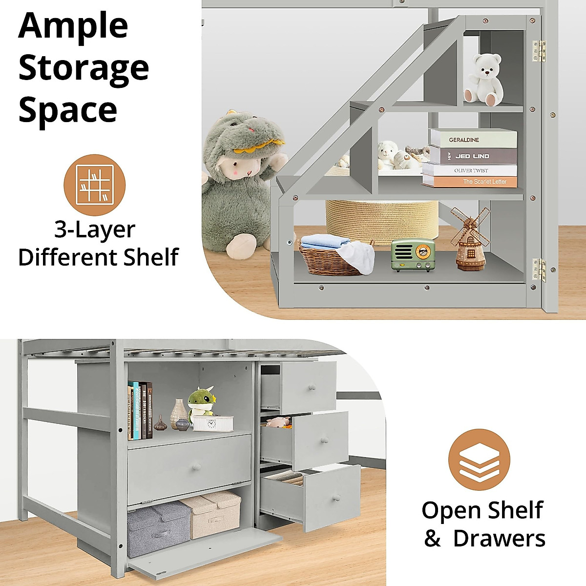 TURRIDU Low Loft Bed with Pullable Storage Staircase and 2 Cabinet, Wooden Stairway Loft Bed with Drawers and Shelves, Twin Size Bed Frame for Girls, Boys, Teens, No Box Spring Needed