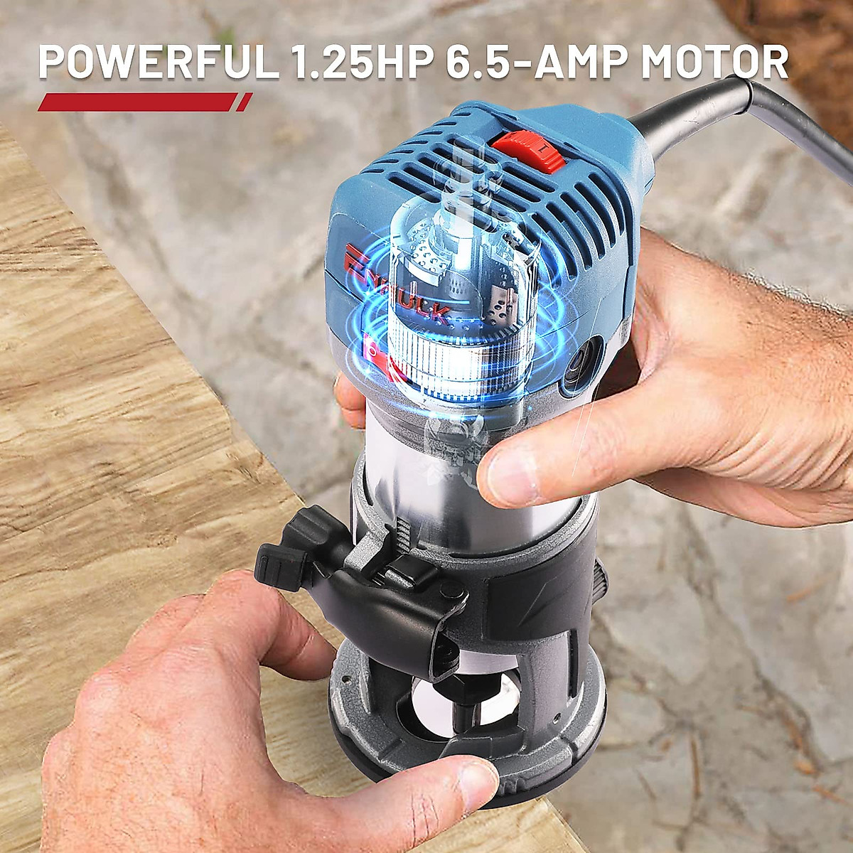 Wood Router Tool, Enhulk 6.5-AMP 1.25HP Compact Trim Router for Woodworking, 6 Speeds to 32000 RPM, Kit with Roller Guide, Edge Guide and Dust Hood…