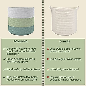 Eco Living Recycled Cotton Rope Basket - Multi-Purpose Woven Closet Storage Bins - Medium 11 X 11 X 11 Inches - Nursery & Kids Room Organizer - Fits 12X12” Cube Shelves - Set of 3 - White & Green
