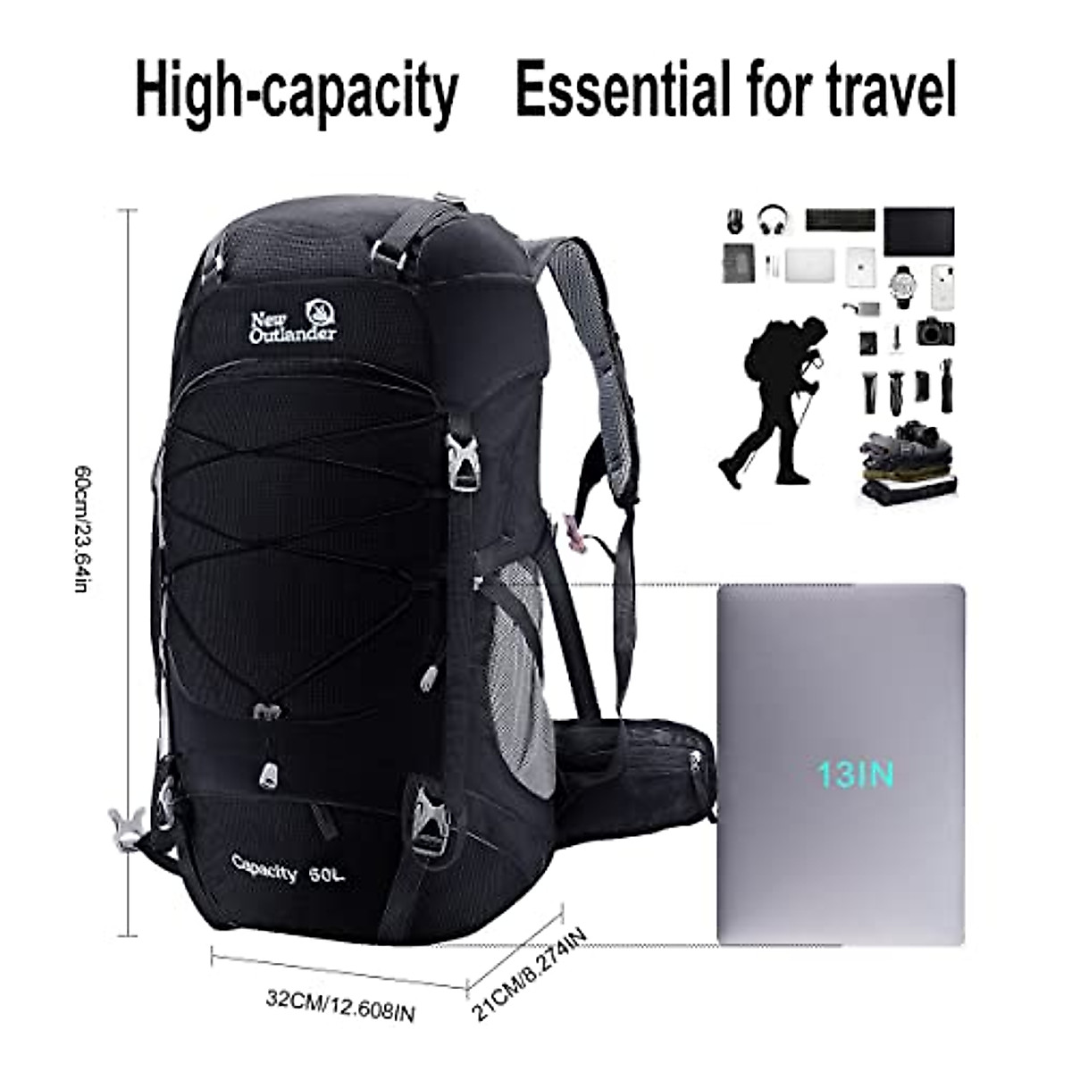 LOCALLION 50L Hiking Backpack, Large Capacity Camping Backpacks, Lightweight Waterproof Travel Daypack for Mountain Climbing