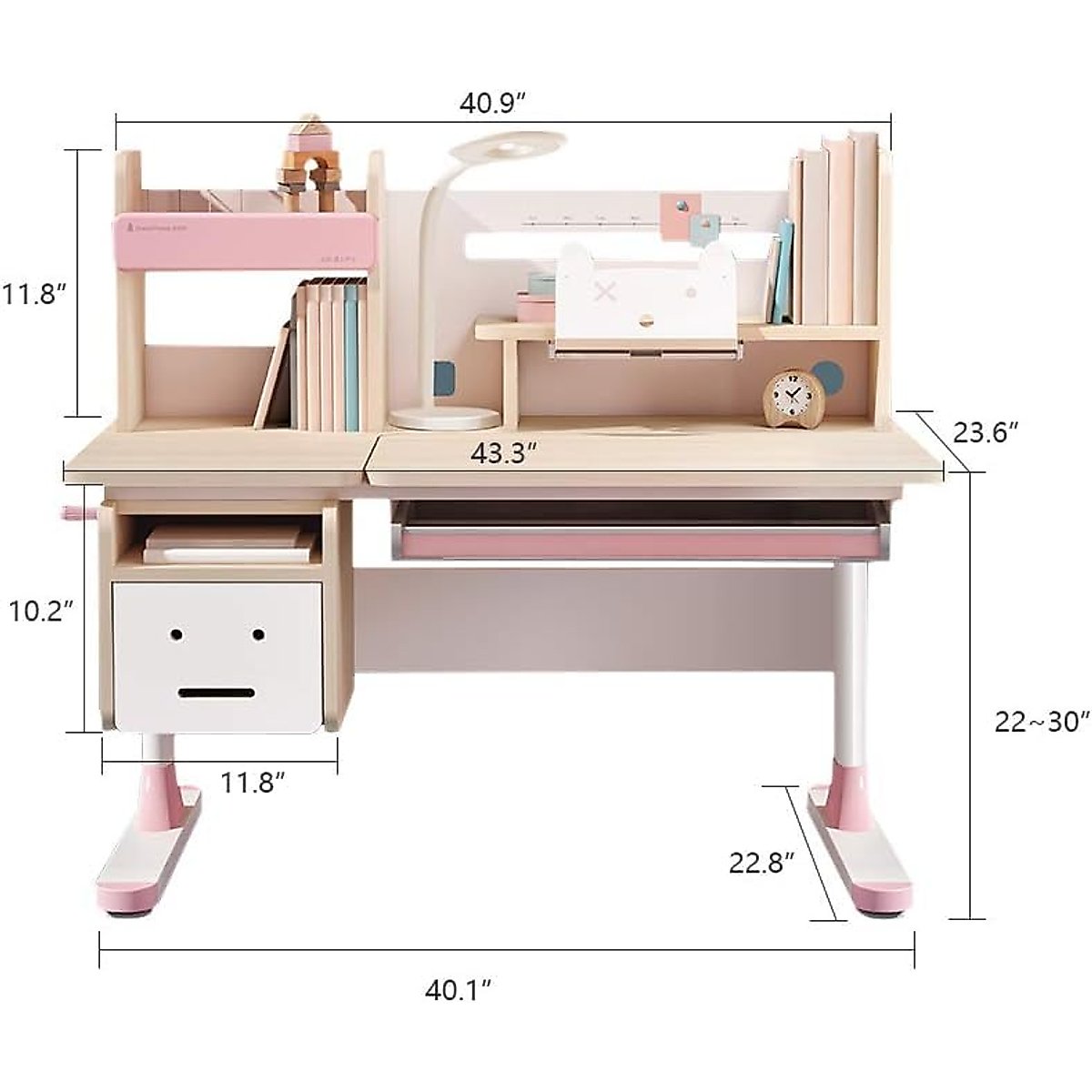 FCD Wood Adjustable Height Kids Study Desk with Chair, Reading Homework Drawing Table Computer Station Built-in Bookshelf Hutch, Tablet Holder, Tiltable Desktop and Storage Drawer (Pink, Wood of Fir)