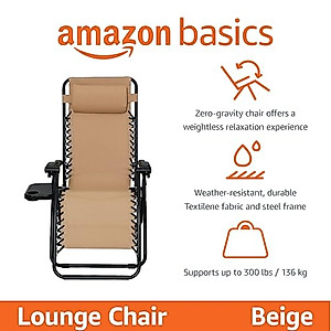 Amazon Basics Outdoor Textilene Adjustable Zero Gravity Folding Reclining Lounge Chair with Pillow, 26", Beige