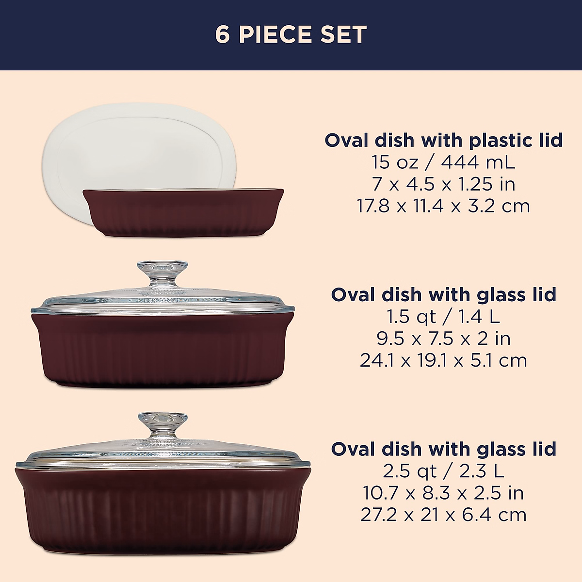 CorningWare Ceramic Bakeware Set with Lids, Chip and Crack Resistant Stoneware Baking Dish, Microwave, Dishwasher, Oven, Freezer and Fridge Safe, 6-Piece French Cabernet