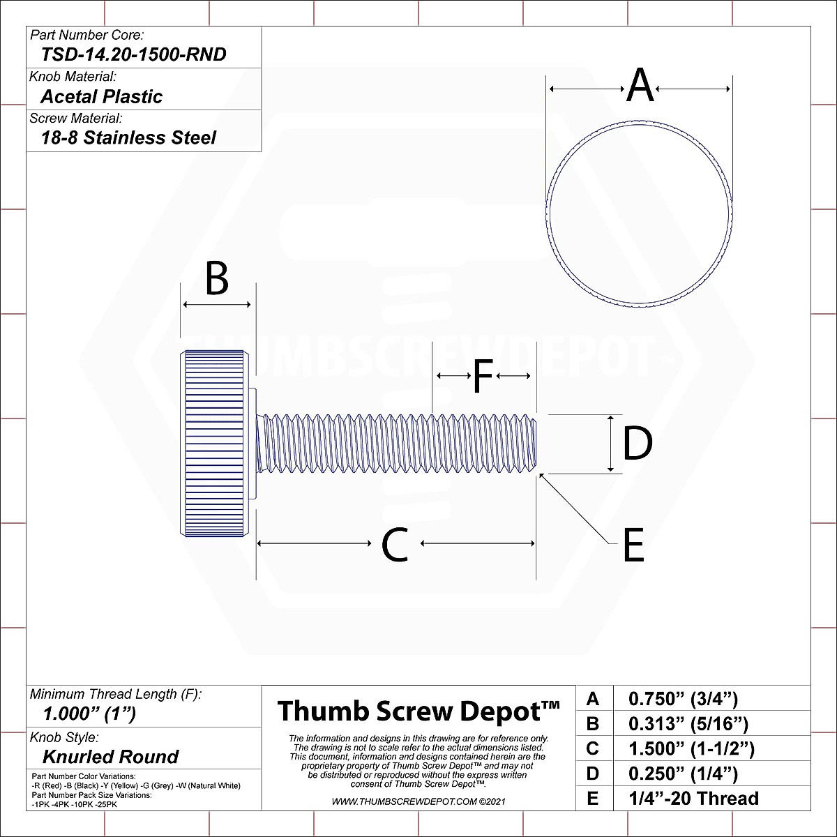 1/4"-20 x 1-1/2" Thumb Screw Stainless Steel - Black Knurled Round Plastic Knob - Standard/Coarse Thread Thumbscrew - Length: 1.500" - Proudly Built in USA - Package of (4)