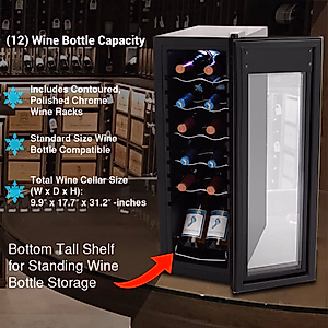 NutriChef PKCWC120 White & Red Cooler-Freestanding Countertop Compact Mini Wine Fridge Chiller 12 Bottle Capacity, Digital Control, Glass Door, Black