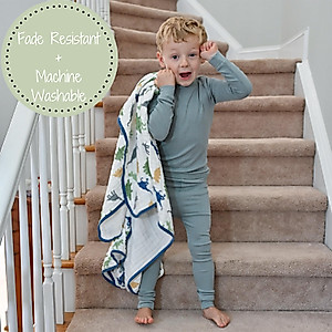 LollyBanks Muslin Quilt Blanket, 100% Cotton Muslin Baby Blanket for Boys, Large 47 x 47 Inches, 6 Layers Soft and Breathable Quilt Blanket, Versatile Crib Blanket, Baby Essentials (Dino Print)