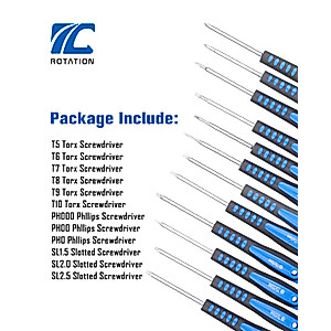 ROTATION 12-Piece Precision Screwdriver Set, Phillips, Slotted, Torx Star, Magnetic Screwdriver Repair Tool Kit, Non-Slip Grip, Swivel End Cap, for Eyeglass, Watch, Computer, Laptop, Phone