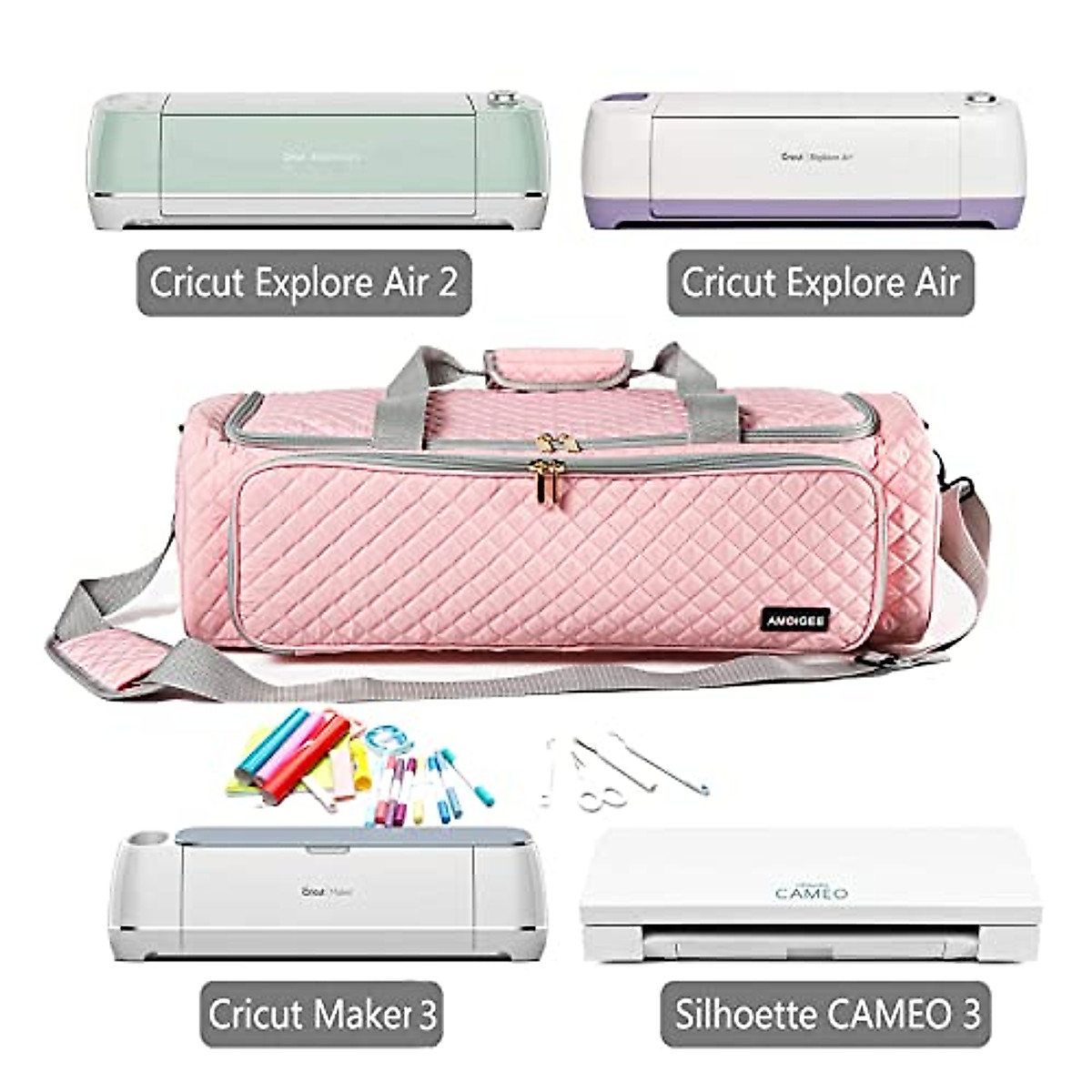 AMOIGEE Carrying Case for Cricut Explore Air 2, Cricut Maker 3, Cricut Explore 3, Pink Storage Organizer for Cricut accessories, Quilted Cricut Bag Only