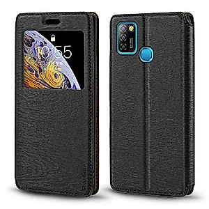 Infinix Smart 5 Case, Wood Grain Leather Case with Card Holder and Window, Magnetic Flip Cover for Infinix Smart 5