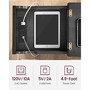 VASAGLE Side Table with Storage, End Table with USB Ports and Outlets, Nightstand with Charging Station, Fabric Bags, for Living Room, Bedroom, Ebonized Oak Finish and Black ULET310B42