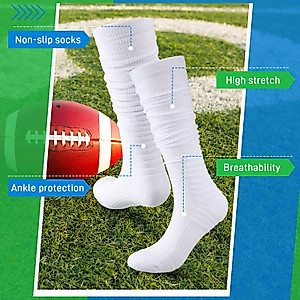 Jeere 6 pairs Scrunch Football Socks Extra Long Padded Knee High Socks Athletic tube scrunched socks for men women adults youth basketball Baseball soccer, black and white