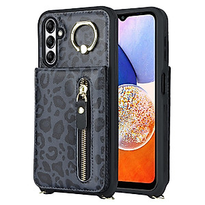 DEYHU for Samsung Galaxy A14 5G Case with Card Holder and Strap for Women,Crossbody Lanyard,Ring Stand,Snap Clasp,Phone Wallet Case - Black Leopard