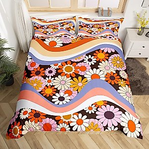 Erosebridal Boho Floral Comforter Cover for Girls, Vintage Groovy Flowers Duvet Cover King Size, 70S 80S Retro Flower Bedding Set Psychedelic 90S Floral Quilt Cover Groovy Flower Bedroom Decor