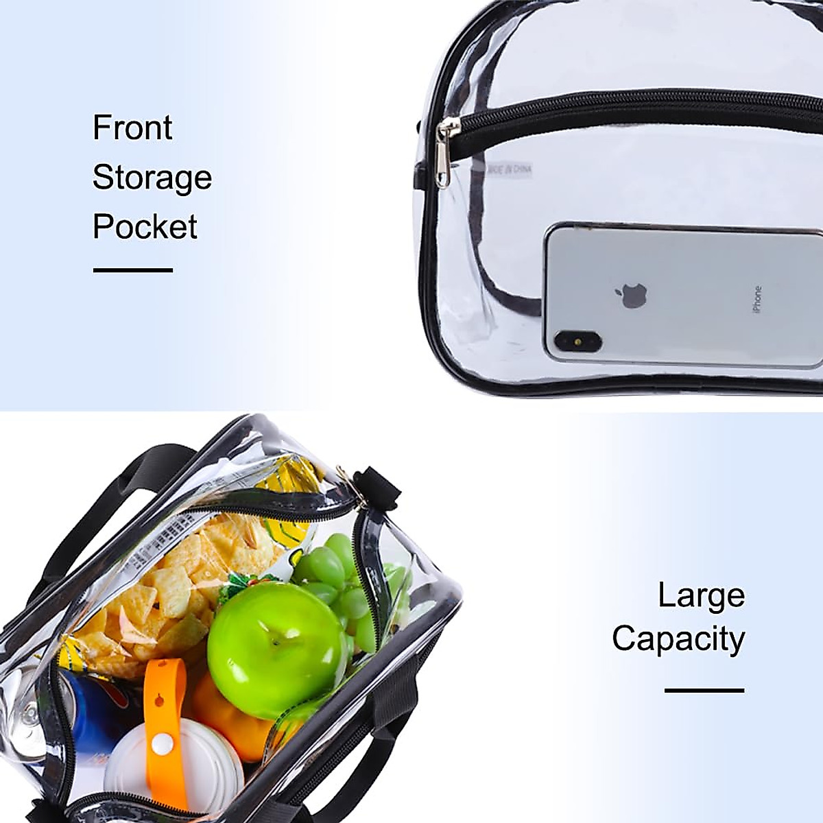 Clearworld Stadium Approved Clear Lunch Bag,See Through Lunch Box with Adjustable Strap and Front Zipper Pocket,Easy to Clean and Water Resistant Tote Bag for Work, School, Concerts,Sports
