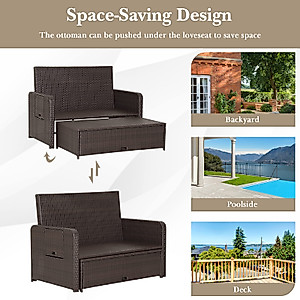 Tangkula Patio Rattan Daybed, Patiojoy Wicker Loveseat Sofa w/Multipurpose Ottoman & Retractable Side Tray, 4-Level Adjustable Backrest, Footstool w/Storage, Seat & Back Cushion Included